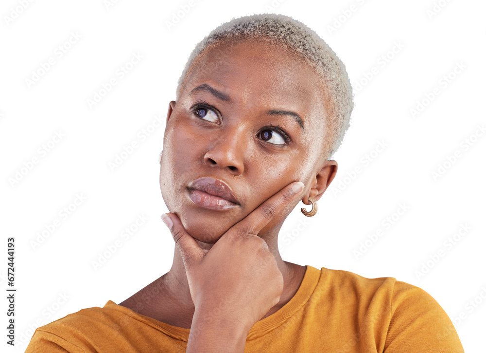 Woman, face and thinking of ideas for planning choice, future ...