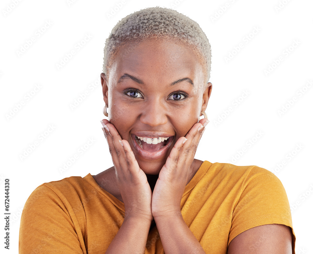 Surprise, portrait and black woman excited, shocked or OMG facial ...