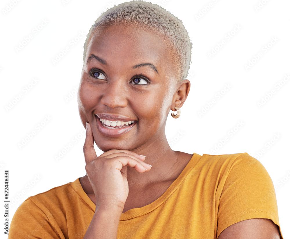 Thinking, smile and young black woman with memory, reflection and good idea facial expression ...