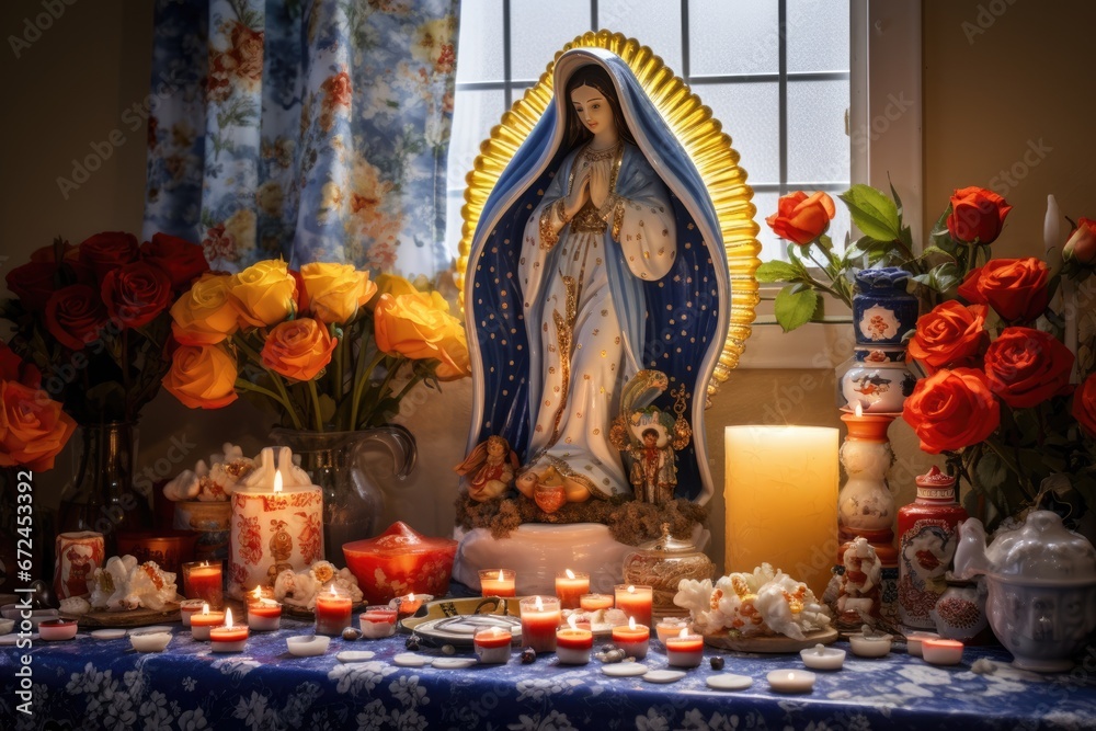 Christian altar with Virgin Mary statue decorated with flowers and ...