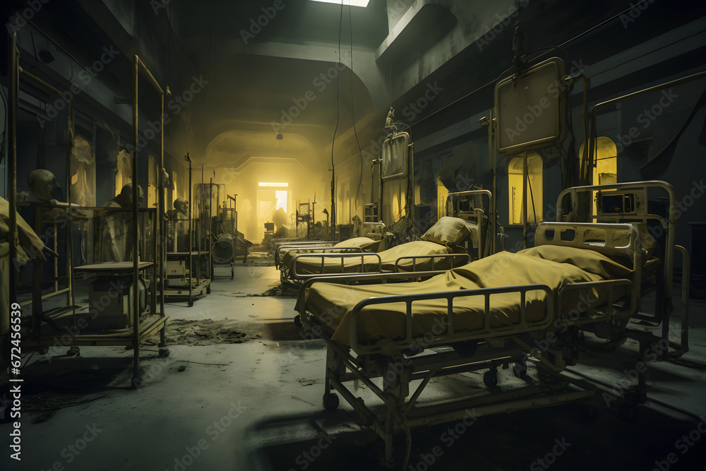 Foto de Dim light shining in a ghostly old hospital interior room with ...