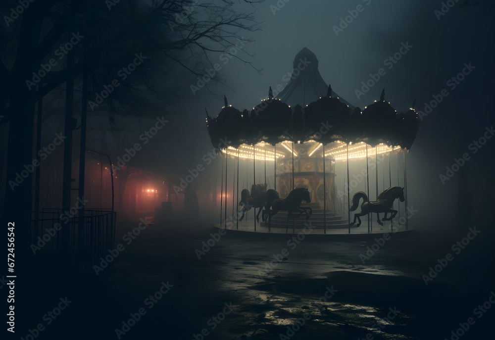 Creepy, Abandoned and Haunted Amusement Park, carousel, dark tragic ...