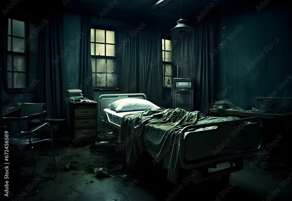 Dim light shining in a ghostly old hospital interior room with ...
