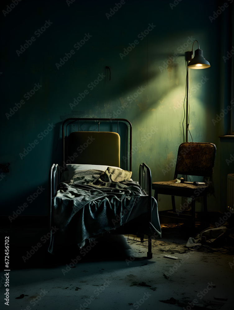Dim light shining in a ghostly old hospital interior room with ...
