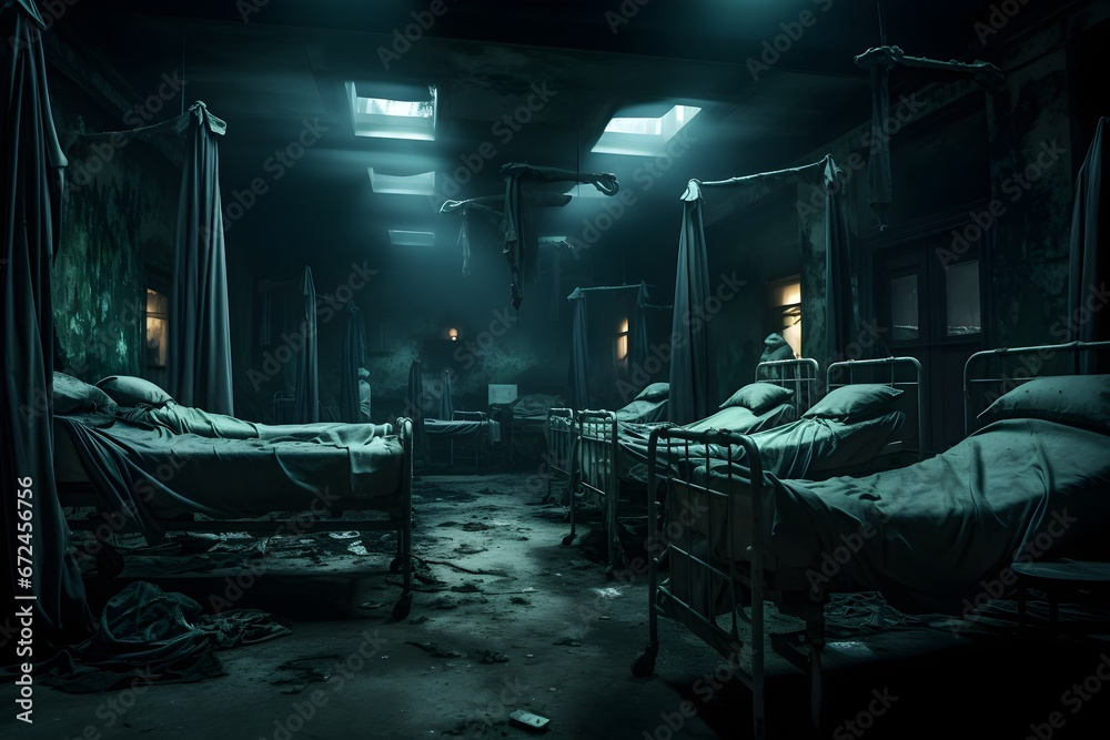 Dim light shining in a ghostly old hospital interior room with ...