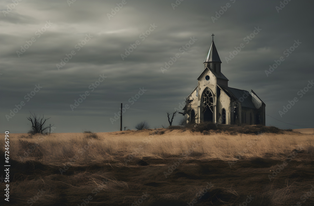 Gothic abandoned dark church exterior. Mystic, horror, surreal ...
