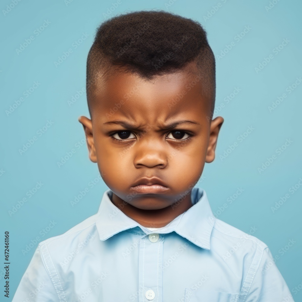 Portrait of an angry African little boy with brown hair. Closeup face of a furious African ...