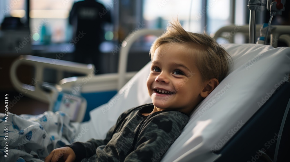 Cute child in hospital bed and smiling. Portrait of a little boy in ...