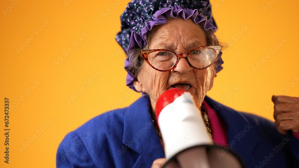 Closeup portrait of funny toothless old elderly senior crazy ...