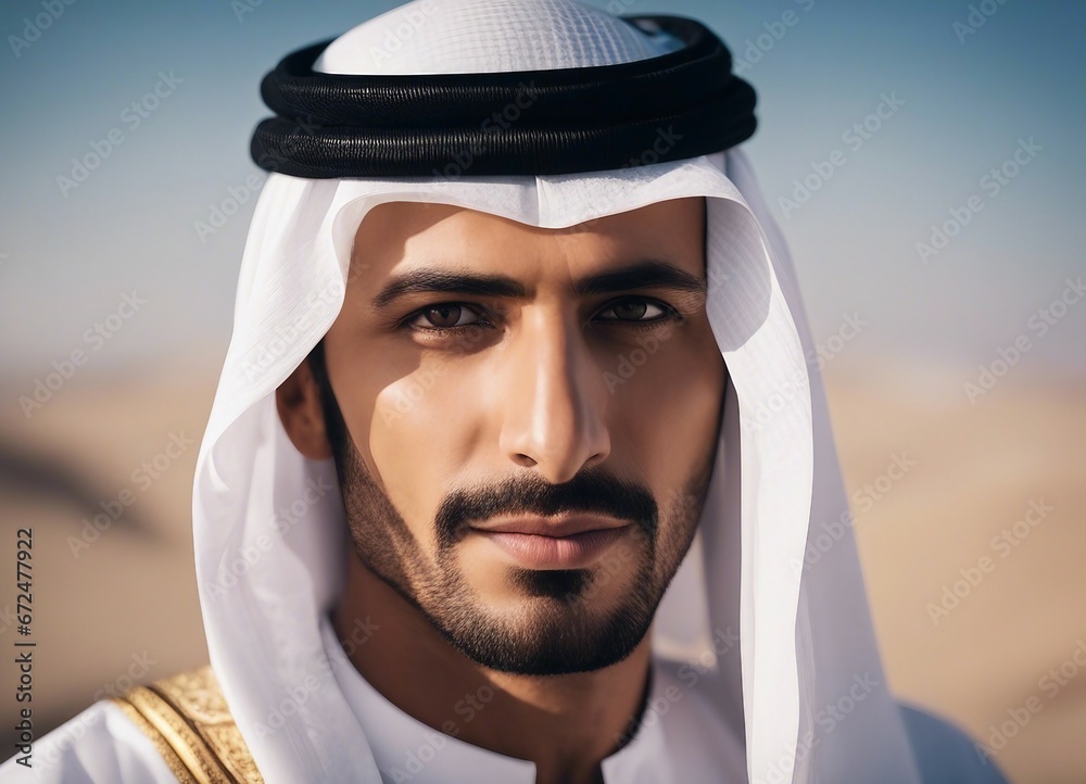 Middle aged Muslim man with a handsome face, dressed as a Saudi Arabian ...
