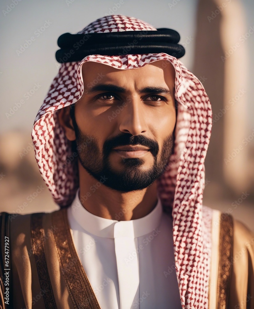 Middle aged Muslim man with a handsome face, dressed as a Saudi Arabian ...