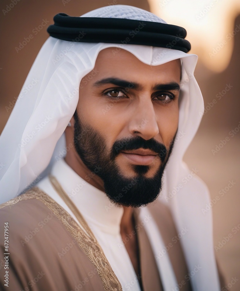 Middle aged Muslim man with a handsome face, dressed as a Saudi Arabian ...