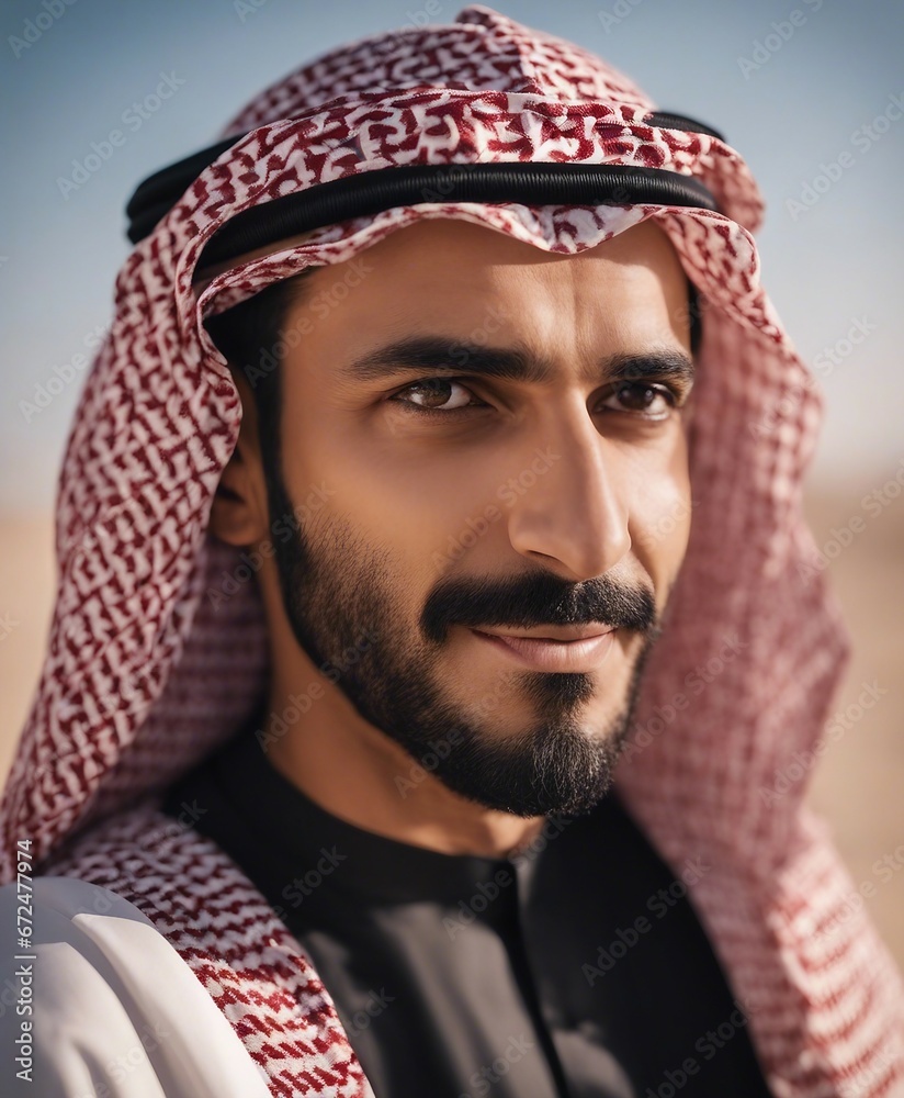 Middle aged Muslim man with a handsome face, dressed as a Saudi Arabian ...
