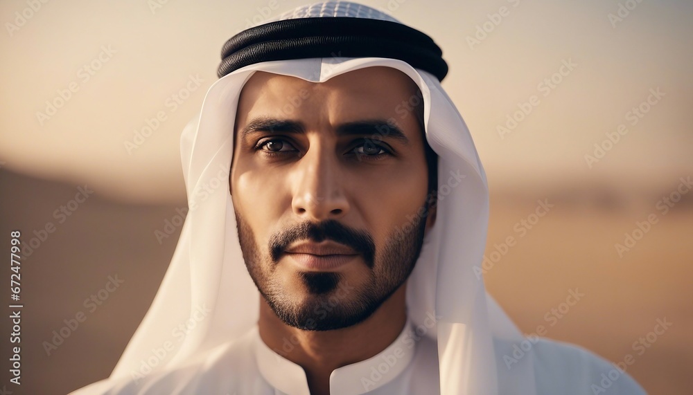 Middle aged Muslim man with a handsome face, dressed as a Saudi Arabian ...