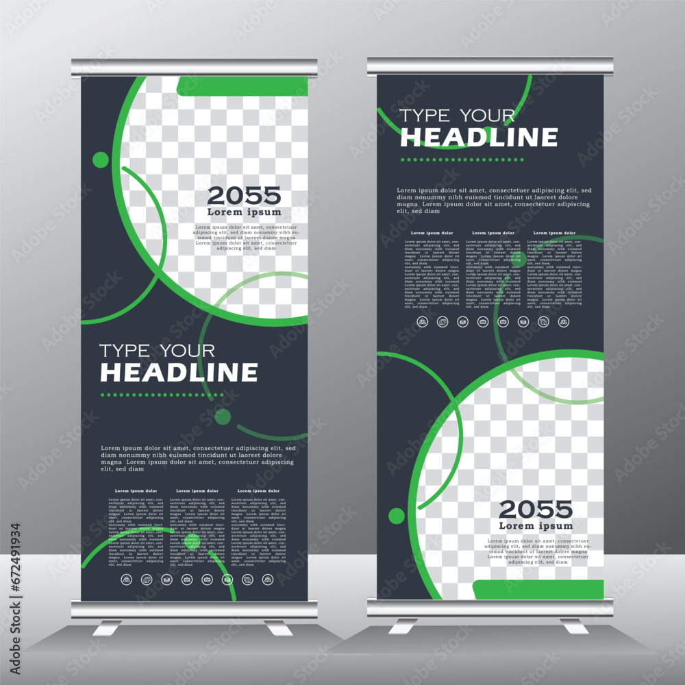 Roll up banner template design for business, modern x-banner with green ...