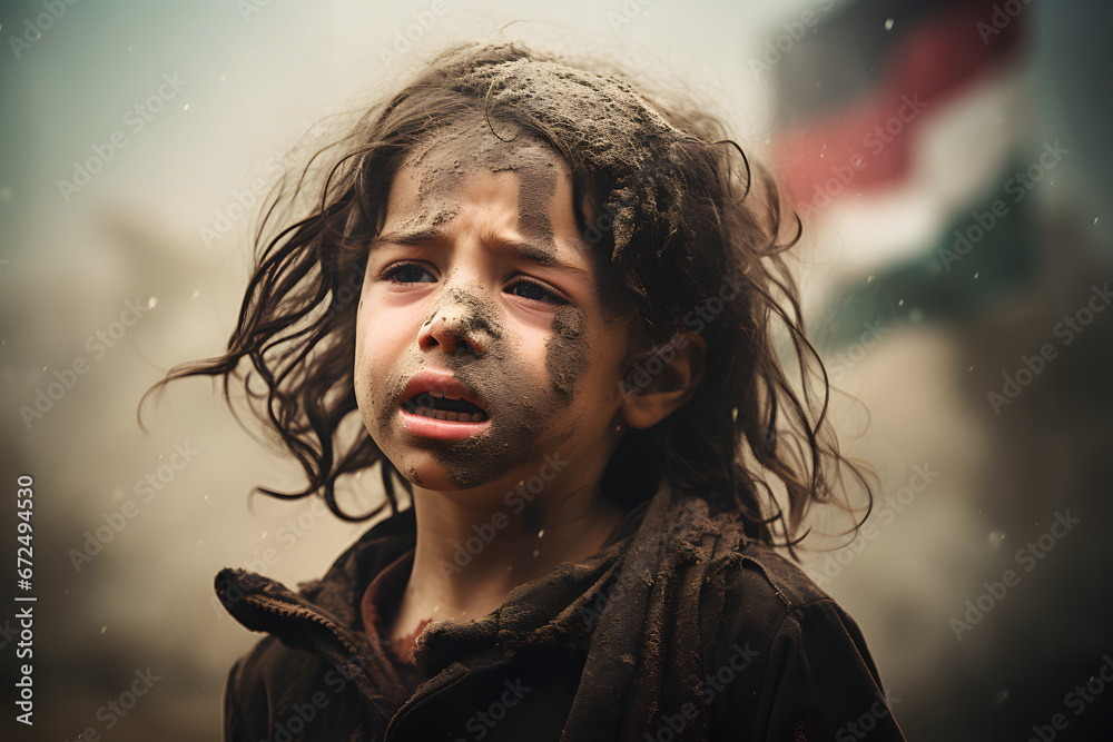 a child crying with dust on the face and clothes, a war background, a ...