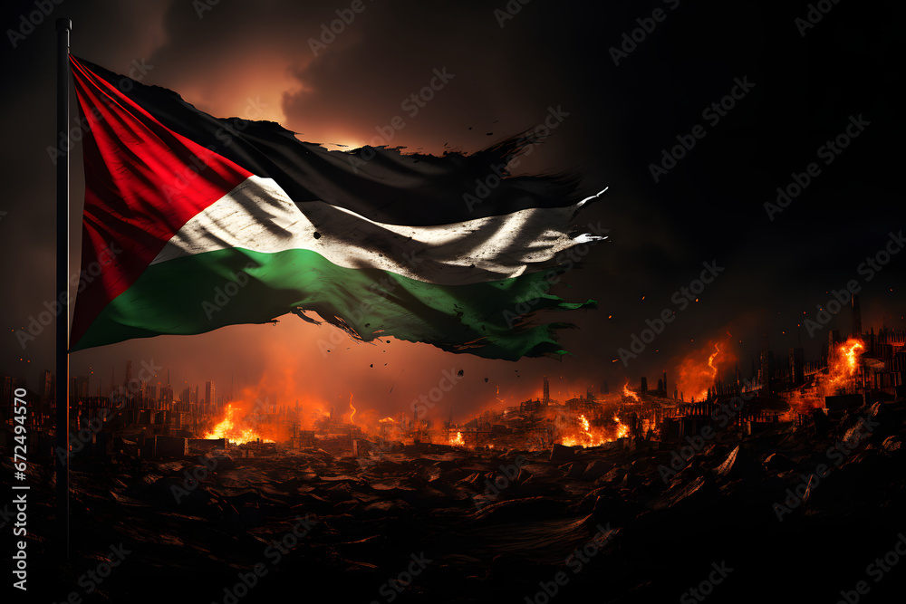 Palestine Flag with war background, war scene, destructed city ...