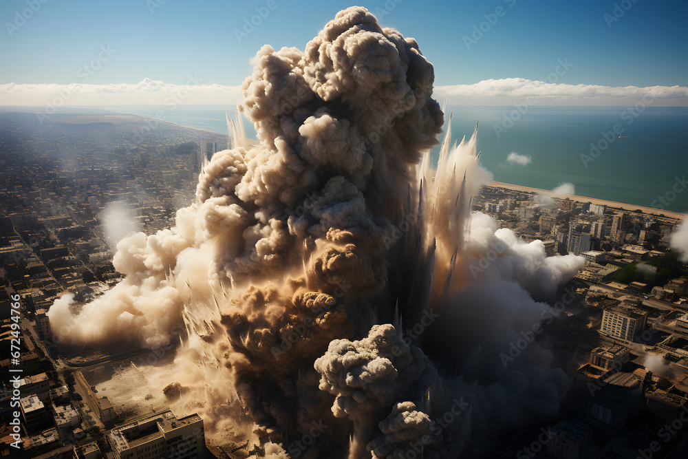 Ariel view a City scene of smoke and destruction after an airstrike ...