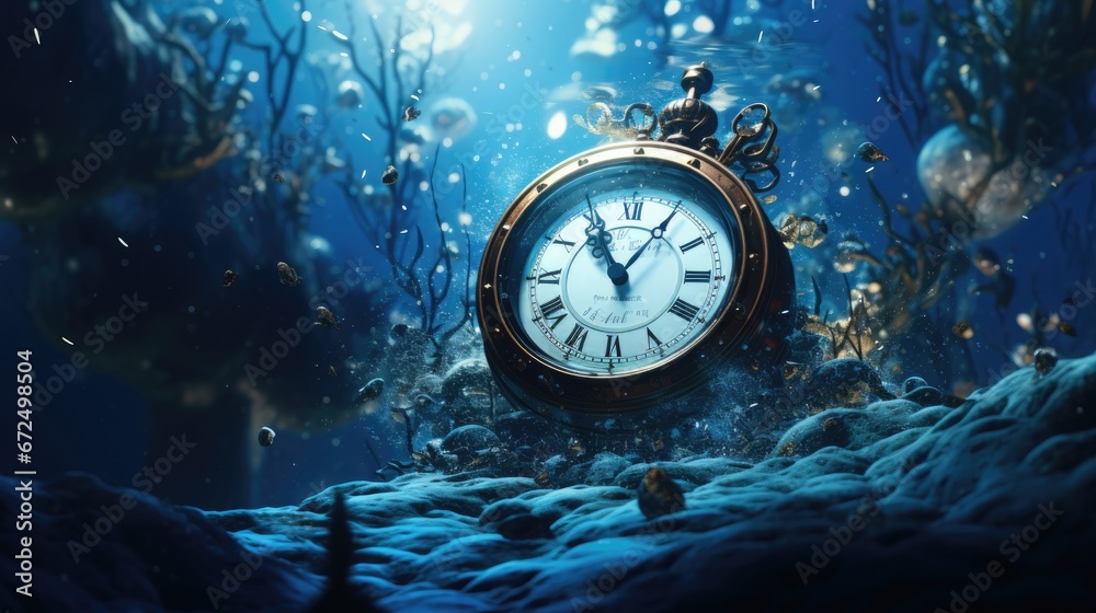 Dystopian clock submerged underwater, scenic scene with an aquatic ...