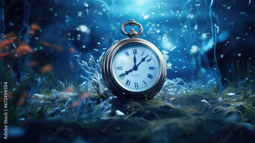 Dystopian clock submerged underwater, scenic scene with an aquatic ...