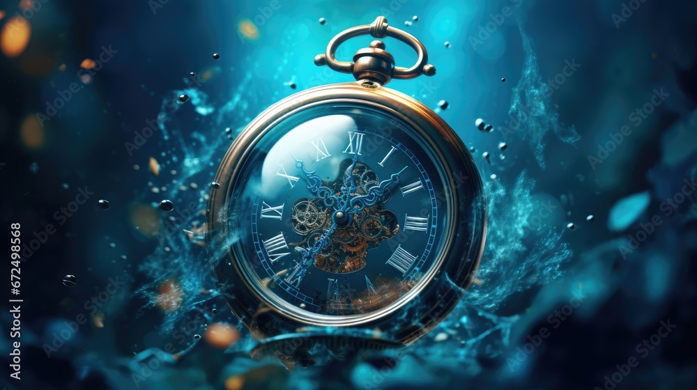 Dystopian clock submerged underwater, scenic scene with an aquatic ...
