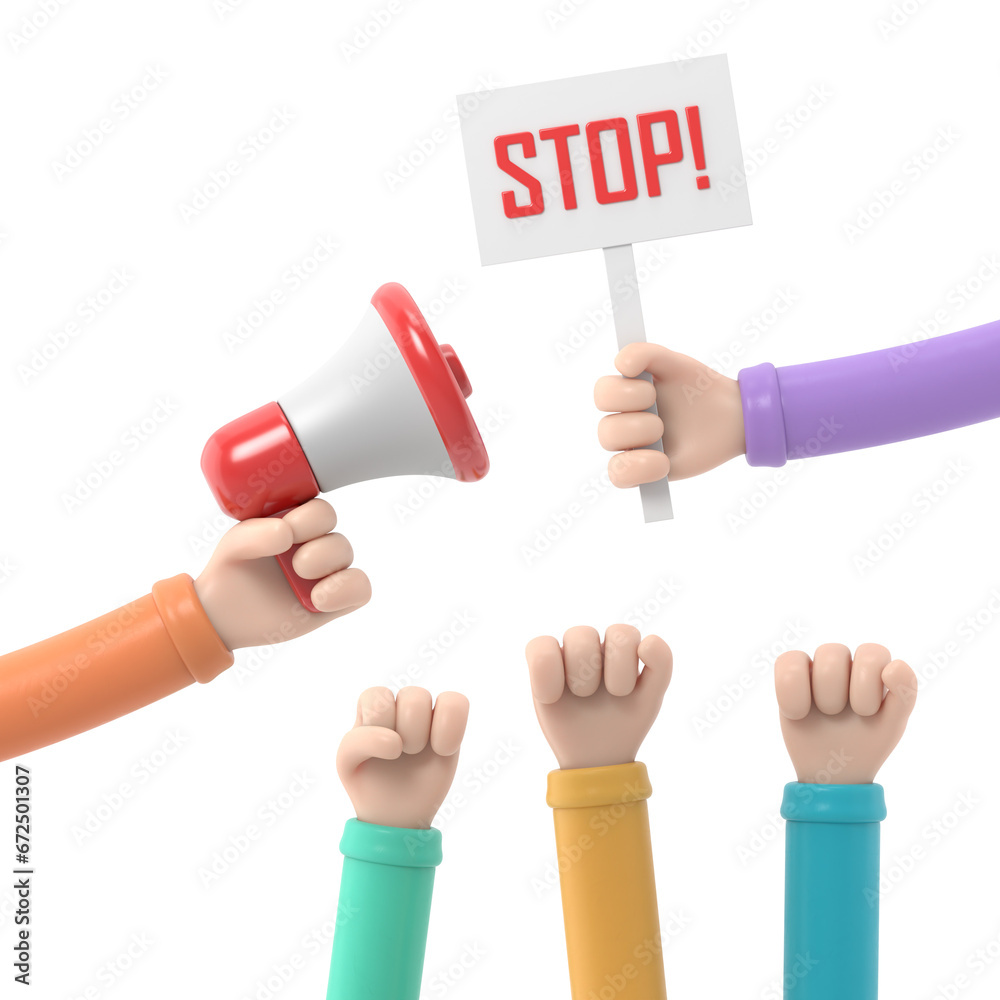 Cartoon hands of demonstrants and hand with Megaphone and stop sign ...