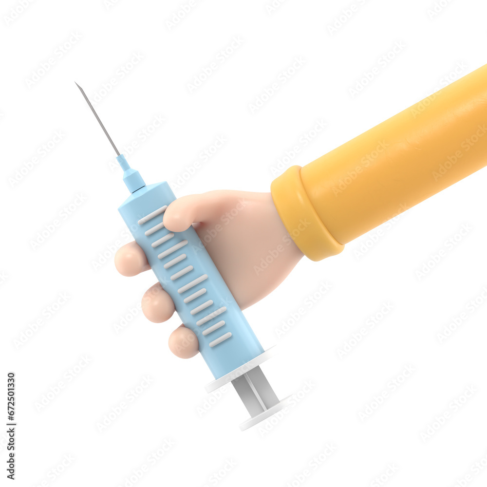 3d render. Doctor cartoon hand holding big syringe with vaccine against ...