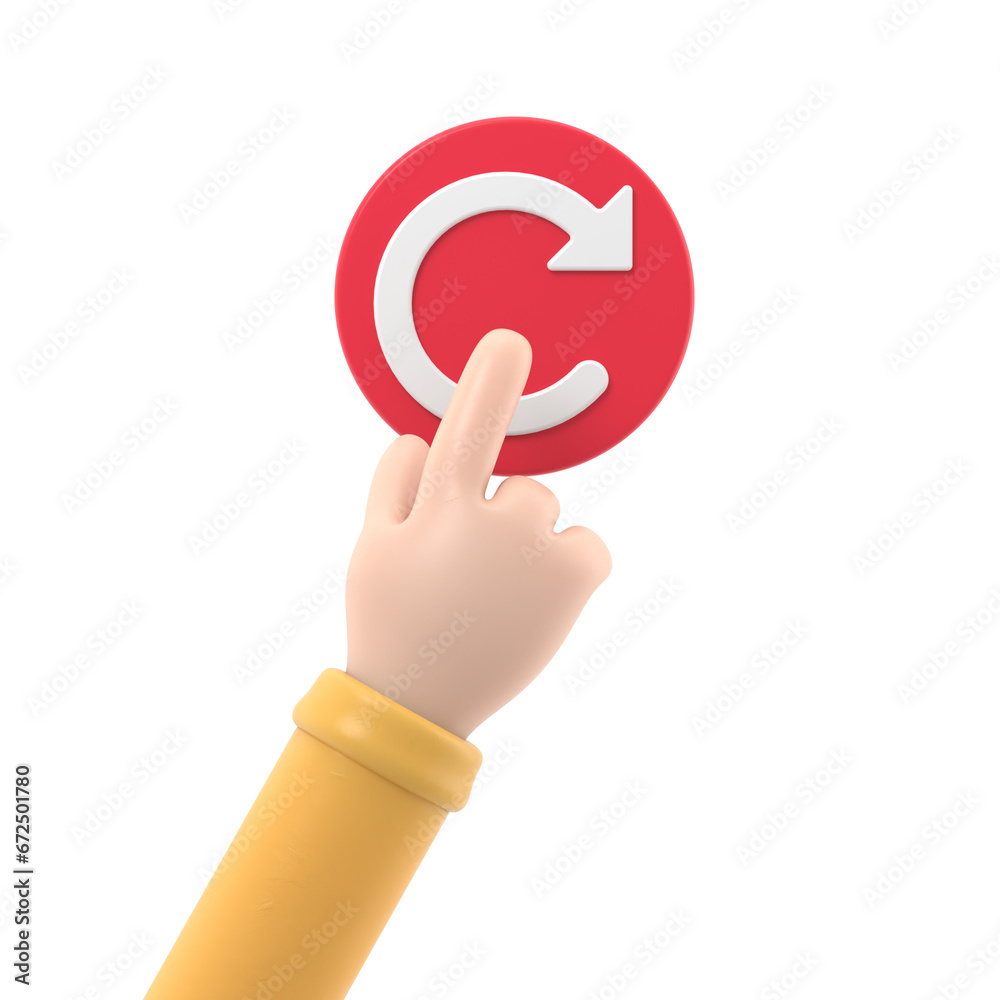 Reboot concept. Restarting technology. Hand to push big red button. 3d ...