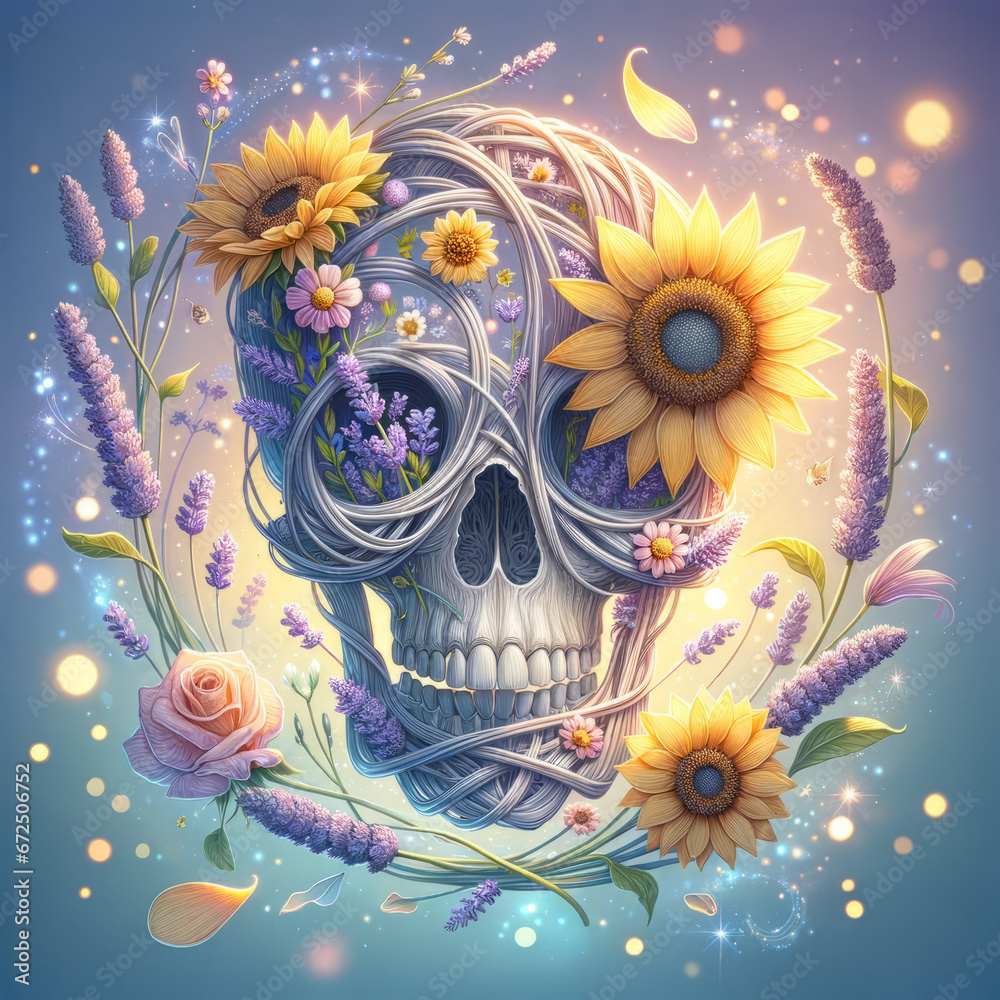 Animated whimsical illustration of a delicate skull made of intertwined ...