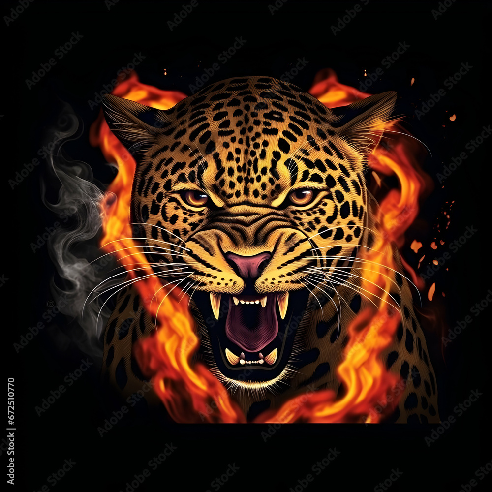 leopard face illustration with fire look on a black background ...