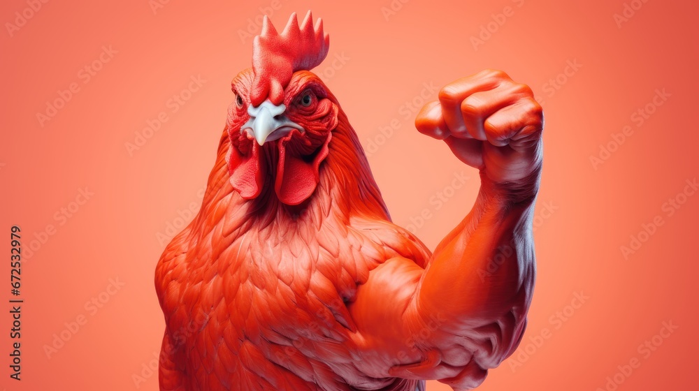 Muscle chicken gesture fist pump, Rooster fighter showing fighting pose ...