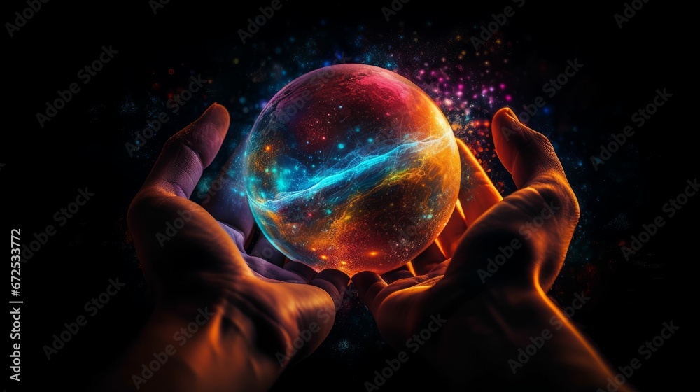 AI generated illustration of a human hand reaching up towards a glowing ...