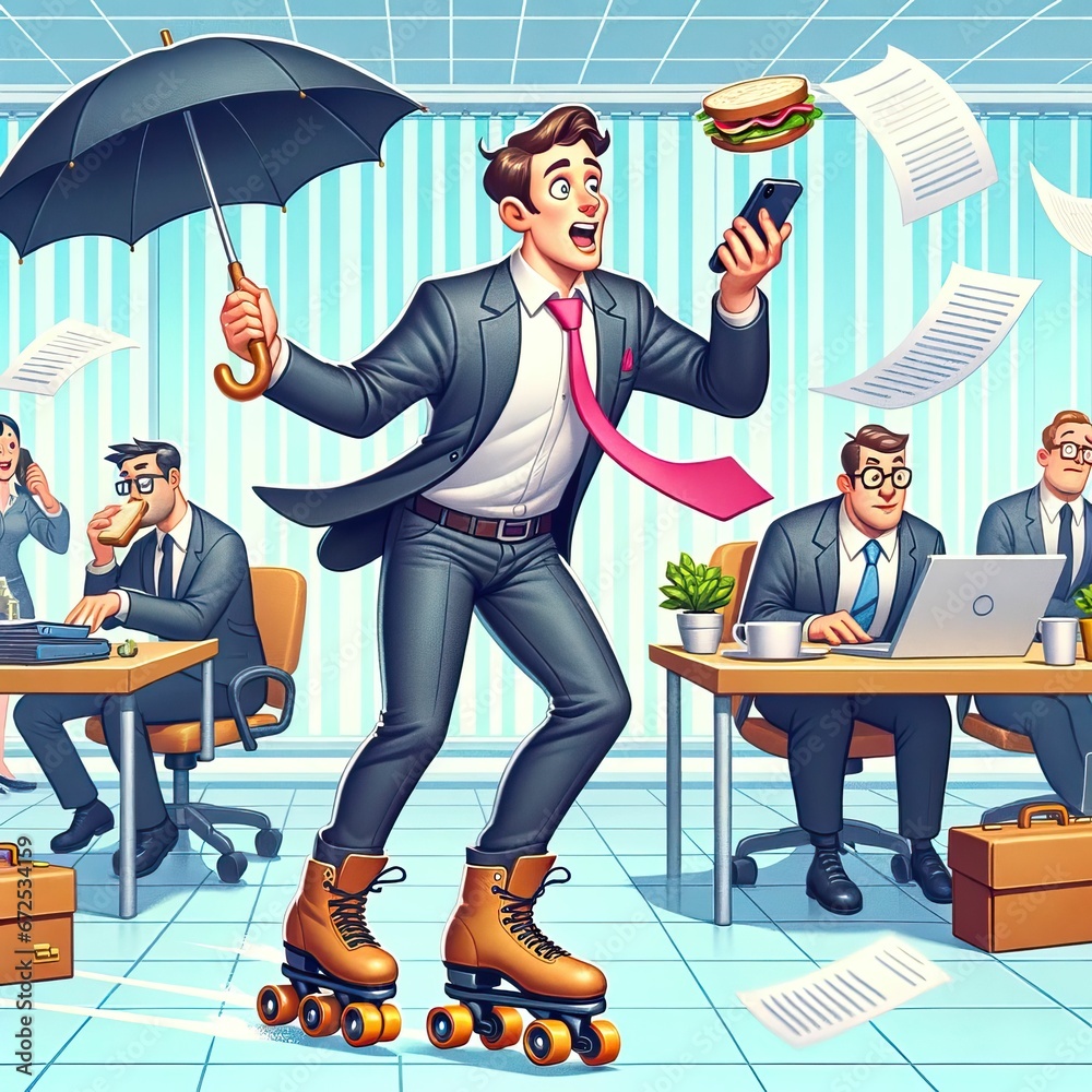 Busy office, man on roller skates, juggling tasks, sandwich, umbrella ...