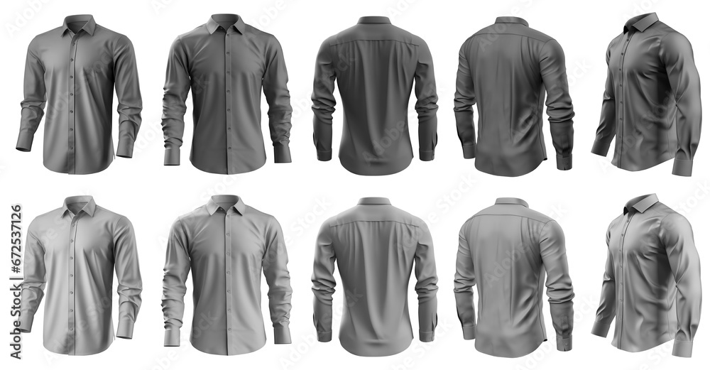 2 Set of grey gray button up long sleeve collar shirt front, back and ...
