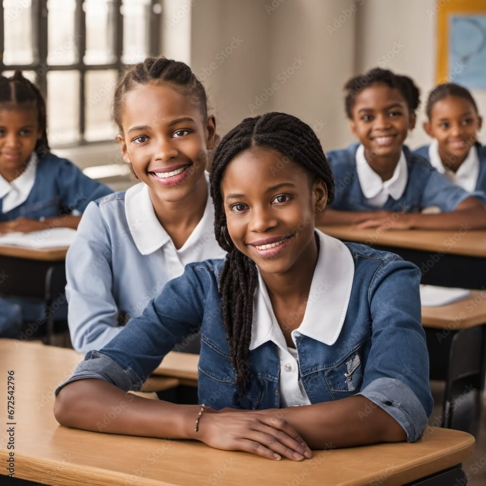 A diverse group of young students in a classroom, wearing uniforms ...