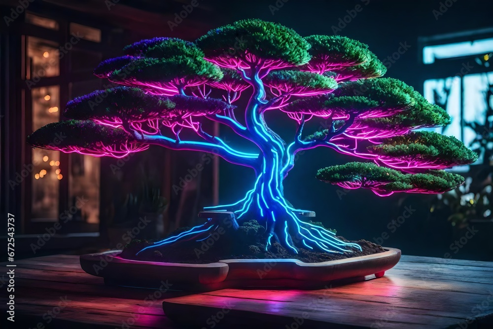 Neon lights tracing the delicate contours of a miniature bonsai's ...