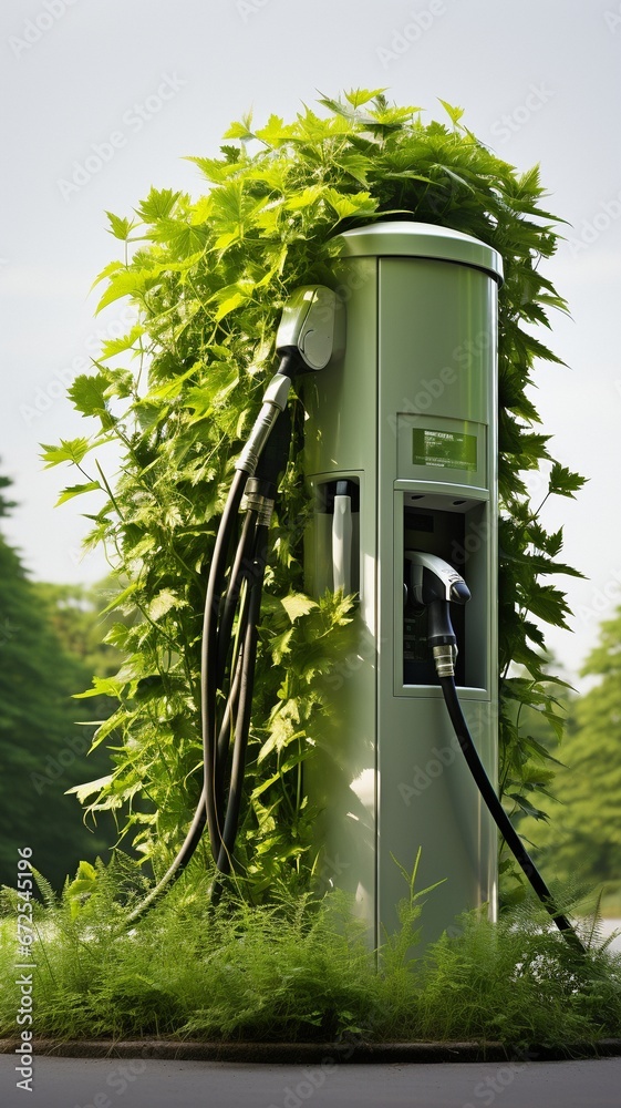 Fuel dispenser with grass covering the petrol pump nozzle. eco-friendly ...