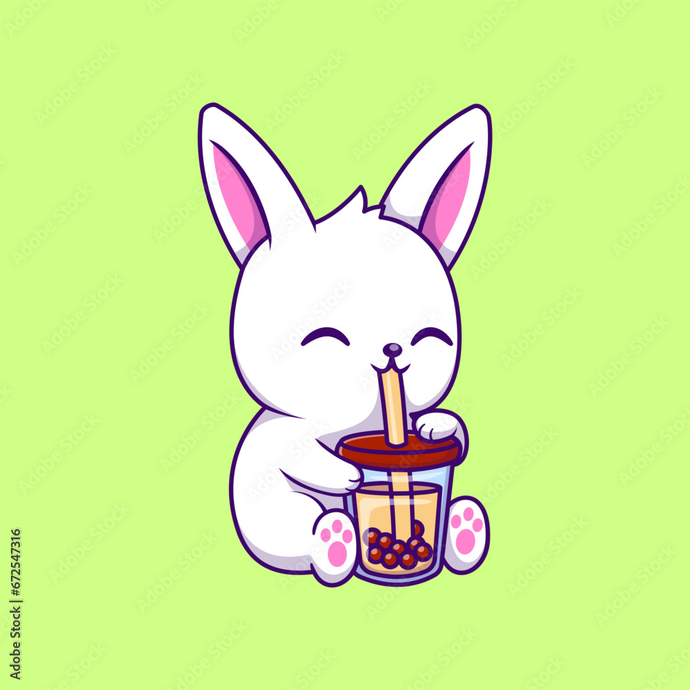 Cute Rabbit Drink Boba Milk Tea Cartoon Vector Illustration. Flat ...