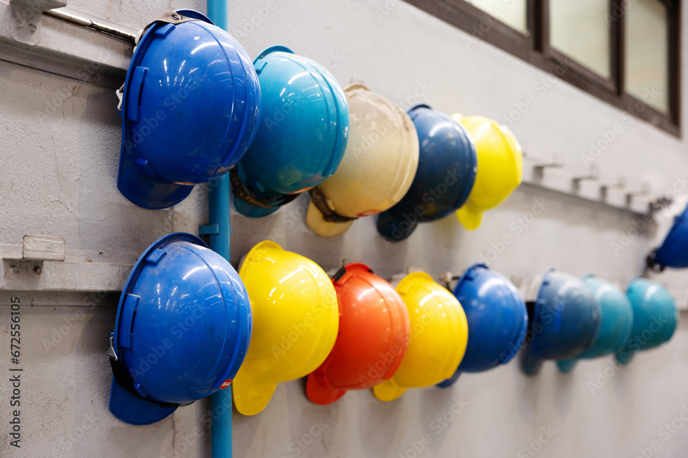 Safety Construction Worker Hats Blue, white, yellow, orange. Teamwork ...
