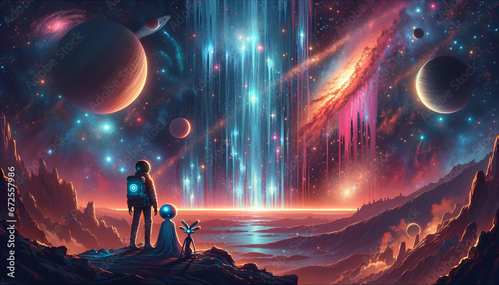 Animated art of a space traveler and a friendly alien creature, gazing ...