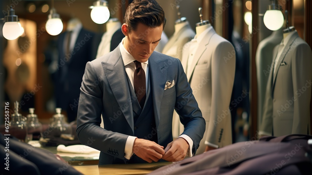 Foto de Scene in a men's suit tailor, formal suit shop. A gentlemen ...
