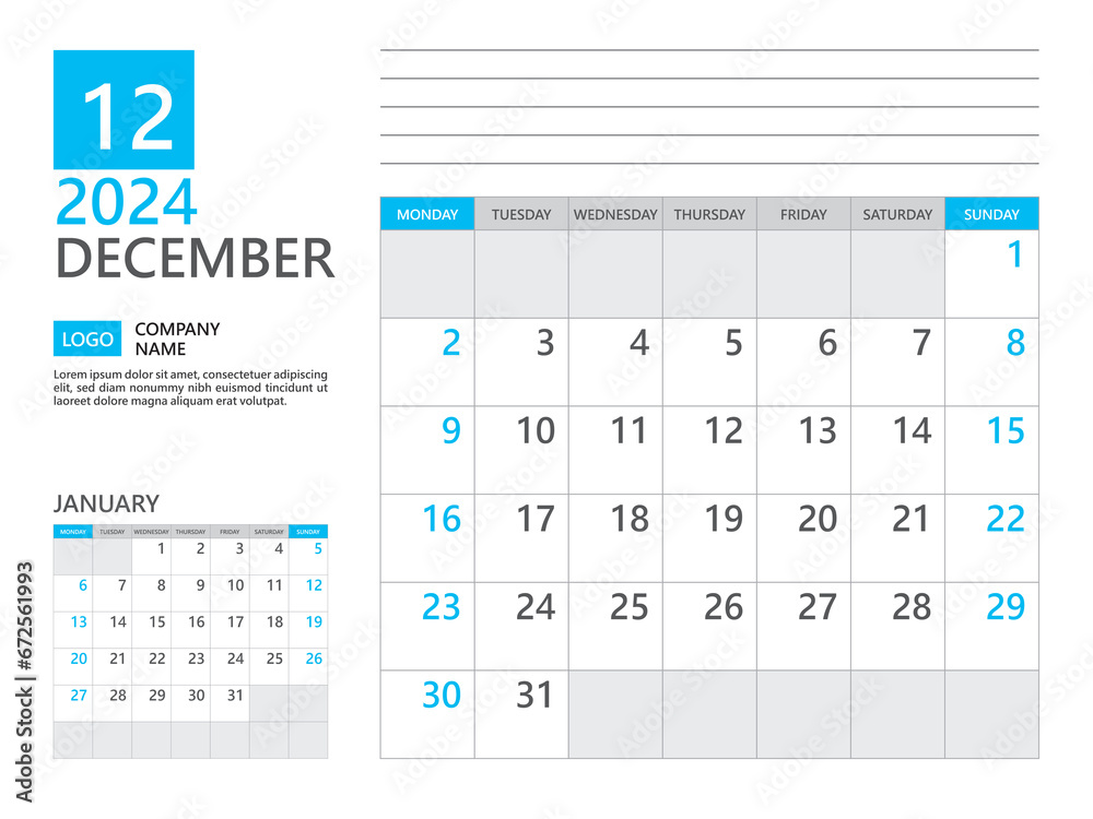 December 2024 template, Calendar planner 2024, week start on Monday ...