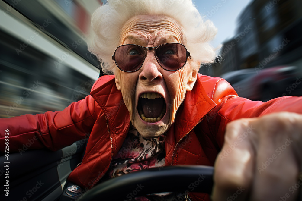 Funny screaming old woman driving a motorcycle, riding fast in the city ...