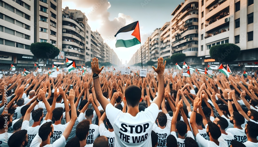Protestants with Palestinian flag and shirt with text Stop the war ...