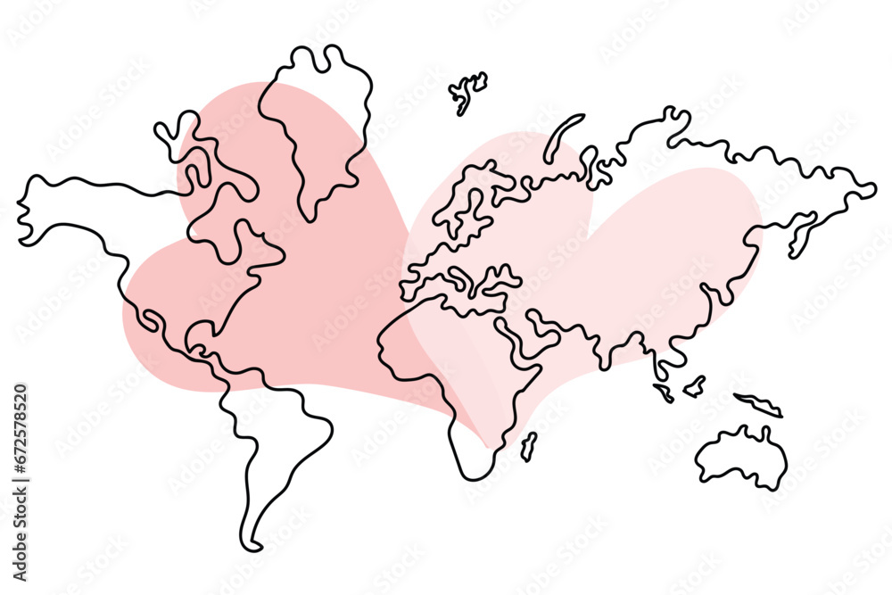 Continuous line drawing of heart on world map background, black and ...