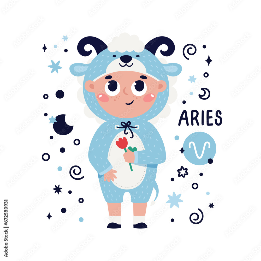 Colorful card with Aries zodiac sign. Kids characters with Astrological ...
