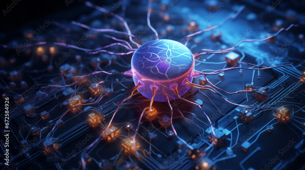 Generative AI image of a close-up of a single artificial neuron with ...