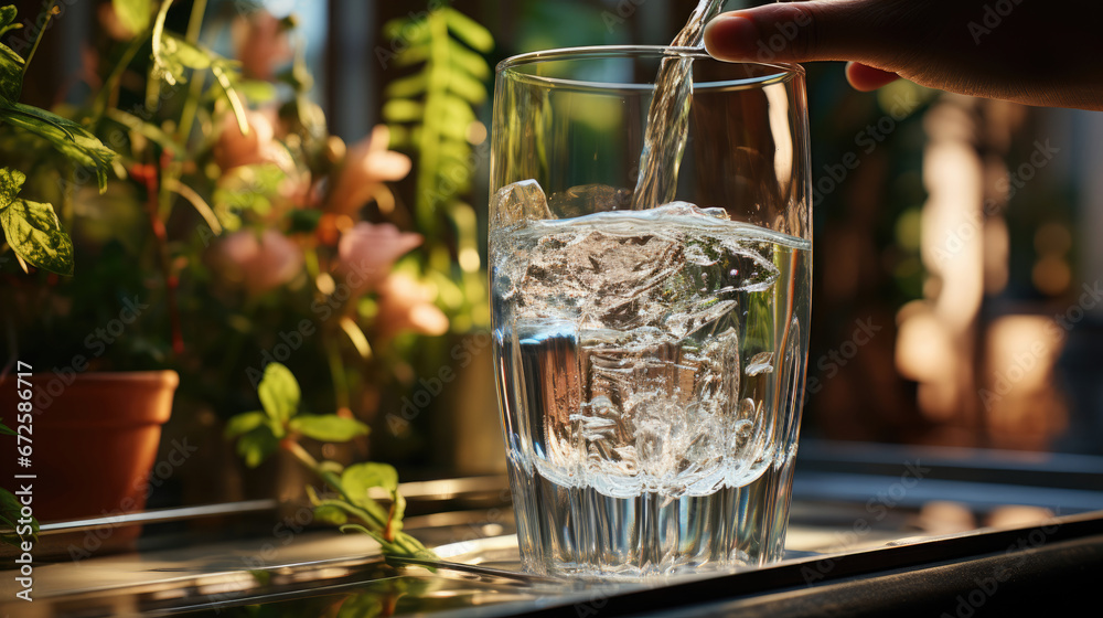 Woman Pours Fresh Filtered Purified Water From A Tap , Background Image ...