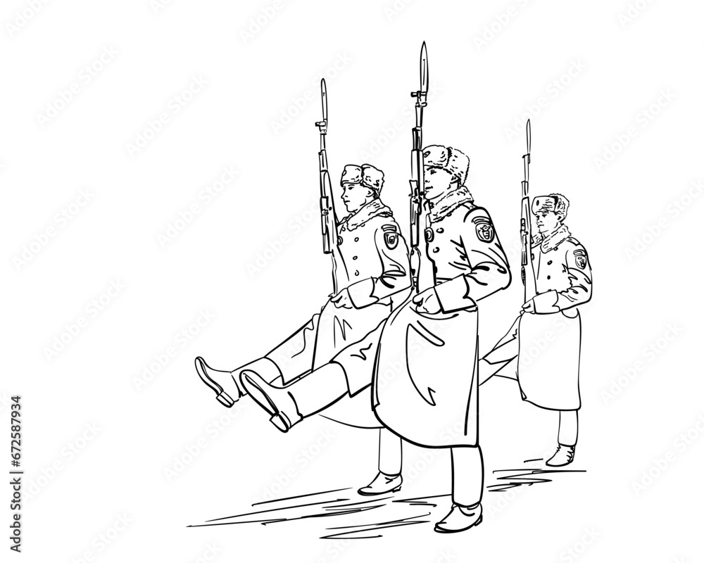Russian honour guard in winter military uniform holding rifles with ...