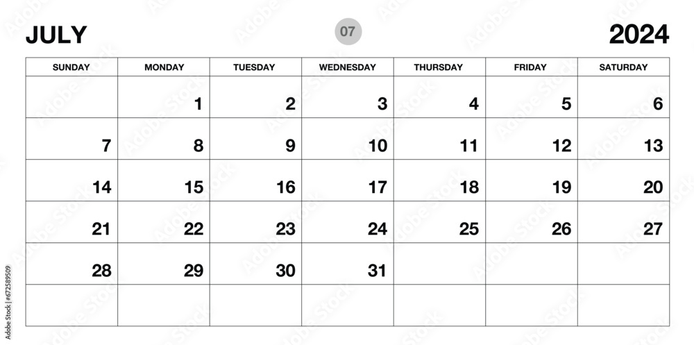 Vetor de July 2024 year planner template, calendar 2024 template ...